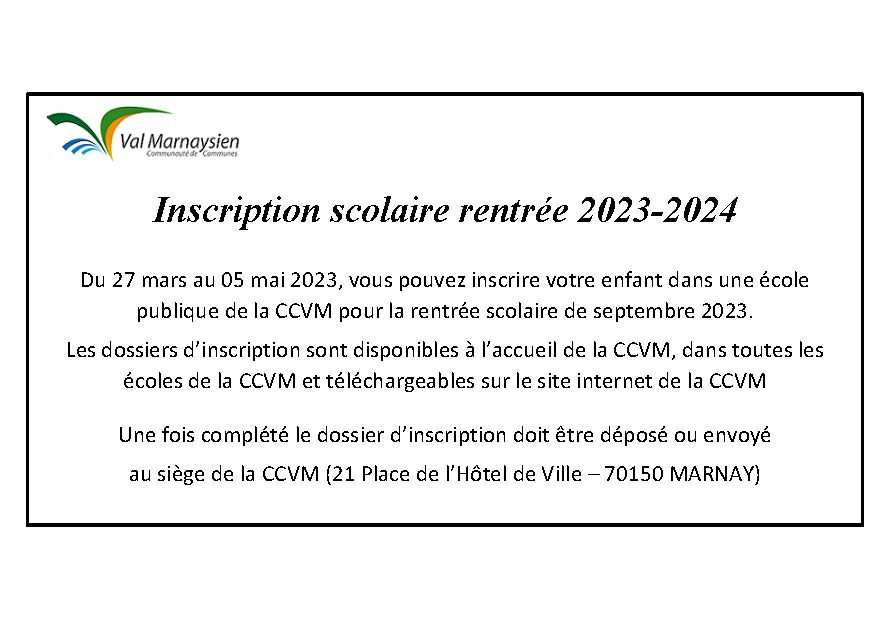 Inscription scolaire CCVM rentrée 2023-2024 | Village de Placey